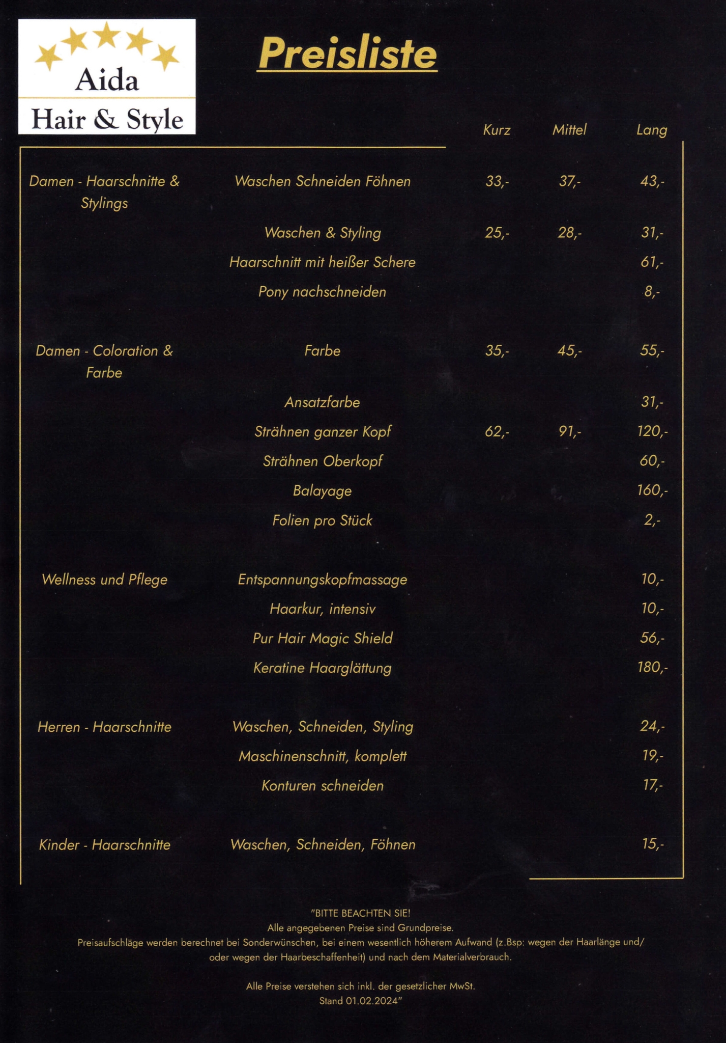 Aktuelle Preisliste | AIDA HAIR STYLE